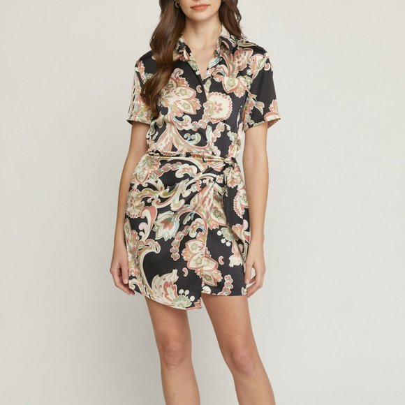 entro | Dresses | Entro Satin Paisley Short Faux Wrap Dress In Black ...